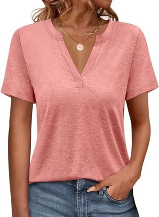 Onsoyours Tee Shirt Femme Col V Manches Courte T-Shirt Ete Décontracté Haut Basic Top A Corail XXL
