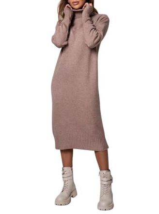 Minetom Robe Pull Femme Couleur Unie Chaud Manches Longues Pullover Col Roul&eacute; Robe Tricot&eacute; Longue Automne Hiver Chandail Midi Robe A Kaki L