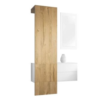 Vladon Garderobe Carlton Set 2, Made in Germany, Garderobenset bestehend aus 1 Garderobenpaneel, 1 Schubkastenschrank und 1 Wandspiegel, Weiß matt/Eiche Natu