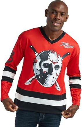 Bioworld Friday The 13th Jason Mask Maillot de hockey &agrave; manches longues pour homme Colorblock Cosplay, Rouge, Taille M