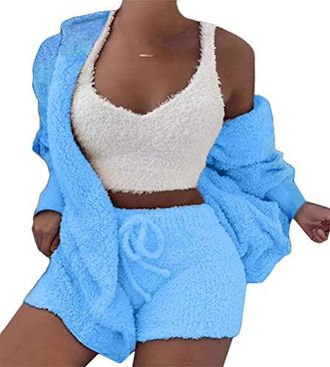 Minetom Femmes Ensemble de Trois Pieces Pyjamas Chaud Corail Velours V&ecirc;tements de Nuit Doux Veste Sweat &agrave; Capuche D&eacute;bardeur Shorts Bleu 36