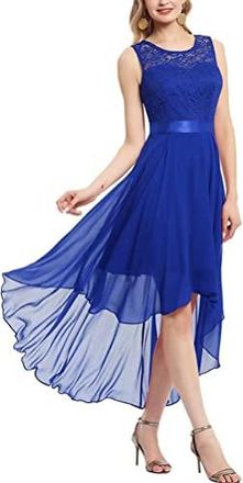 Onsoyours Robe de Soirée Femme Asymétrique sans Manche Couleur Unie Dentelle Cocktail Robe Mousseline Swing pour Bal Mariage A Bleu M