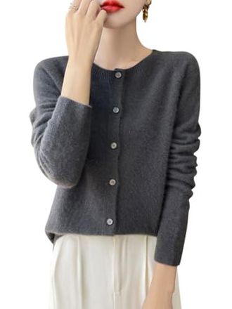 ORANDESIGNE Gilet Femme Chic et Elegant Gilet Court Col Rond Gilets Manches Longues Cardigan Laine Mi-Saison A Gris Fonc&eacute; XS