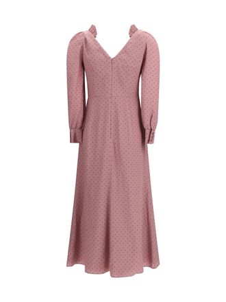 Alessandra Rich Womens Polka Dot Midi Dress With Ruffles Mauve-Mauve Silk