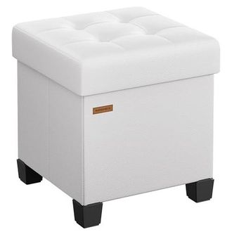 Songmics Banc de Rangement, Coffre avec Pieds, 38 x 38 x 40 cm, Pouf, Repose-Pieds, 37 L, PVC, pour Salon, Entrée, Blanc Nuage LSF0512W02
