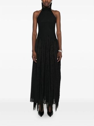 Bless Fringe-Trimmed Halterneck Evening Dress - Black