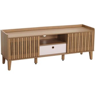 Hhg TV-Rack 421, Lowboard TV-Schrank, Schiebet&uuml;r 56x150x40cm natur, Schublade wei&szlig;