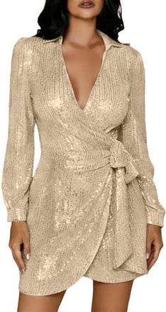 Generico Robe de cocktail &eacute;l&eacute;gante et brillante &agrave; manches longues avec ceinture et d&eacute;collet&eacute; en V pour femme, or, XX-Large
