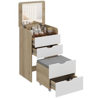 HOMCOM 3-in-1 Schminkstation mit klappbarem Spiegel, Schminkhocker, Schminktisch mit gepolstertem Rollhocker, 3 Schubladen, Klarglasplatte, Stauraum, platzsp