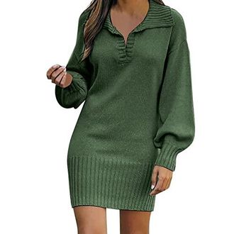 Generic Robe pull &agrave; manches longues rouge - Petite robe dhiver pour femme - Robe pull en tricot &eacute;pais avec col en V avec col en V et poignets ourl&eacute;s en tricot