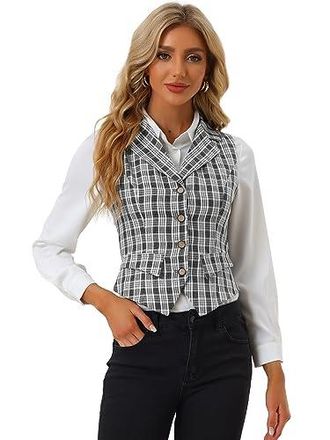 Allegra K Gilet &agrave; carreaux pour femmes, col &agrave; revers crant&eacute;, gilet vintage &agrave; simple boutonnage Noir XS