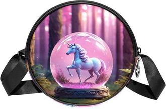 Generic Sac &agrave; bandouli&egrave;re rond pour femme, motif licorne et boule de cristal, petit sac &agrave; bandouli&egrave;re avec fermeture &eacute;clair, bretelles r&eacute;glables, sac &agrave; main r