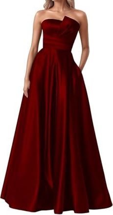 Generic Robe de bal longue sans bretelles en satin pour femme - Robe de soir&eacute;e formelle sans manches, bordeaux, 54 Grande taille