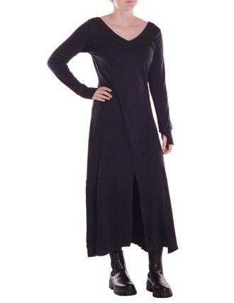 vishes Midikleid Kleid knielang aus Baumwolle - V-Ausschnitt, Daumenl&ouml;cher, einfarbig Alternative Bekleidung, Ethno, Hippie, Retro Style