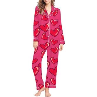 Generic Ensemble de pyjama 2 pi&egrave;ces en satin de soie avec imprim&eacute; coeur, v&ecirc;tements de nuit &agrave; manches longues, col &agrave; revers, chemise boutonn&eacute;e avec pantalon, t
