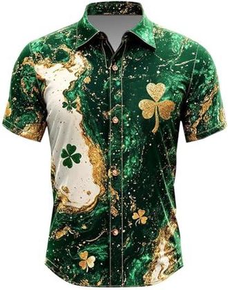 Generic Chemises de bowling vintage boutonn&eacute;es &agrave; manches courtes pour homme pour la Saint-Patrick, t-shirt tropical Aloha Beach Tops Irlandais Tr&egrave;fle Imprim&eacute; 