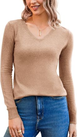 Zeagoo Strickpullover Damen V-Ausschnitt Langarm W&auml;rmer Pullover Alltagsleben Basic Winterpullover Freizeit Einfarbig Oberteile Kamel XL