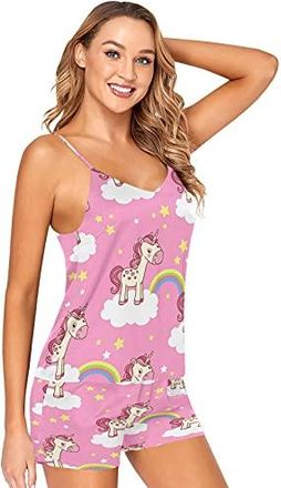 Mnsruu Pyjama short rose en satin pour femme avec motif licorne, nuage et étoile - Multicolore - L