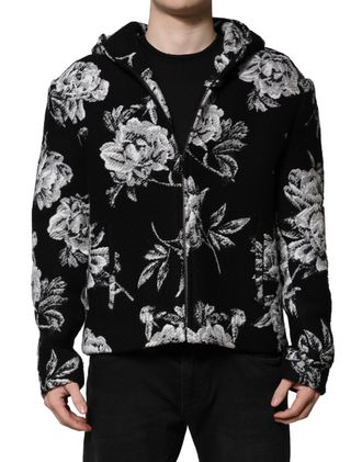 Dolce & Gabbana Black Wool Floral Printed Men Hooded Jacket Clothing
