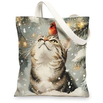 Generic Sac fourre-tout en toile avec motif chats et chatons de No&euml;l pour faire du shopping, 33 x 38,1 cm, sac d&eacute;picerie r&eacute;utilisable pour femme, peinture dan