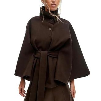 Generic Ponchos &agrave; manches chauve-souris pour femmes, manteau court en laine avec col montant et ceinture pour lautomne et lhiver, marron, XXL