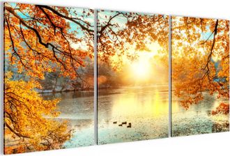 Runa Art Bilder Sonniger Wald 3 Teilig Bild auf Vlies Leinwand Deko Wohnzimmer Schlafzimmer Wald Natur Orange Gelb 050036a