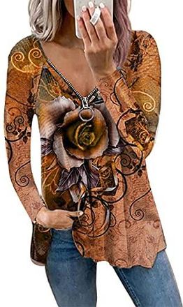 Onsoyours Femme Mode Tee Shirt Femme Casual Shirt Chemise Manche Longue Tops Col en V Zipper Blouse Lâche Tunique Chic Haut 1 Marron L