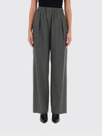 Jil Sander Pantalon palazzo en laine &agrave; rayures avec taille haute logot&eacute;e