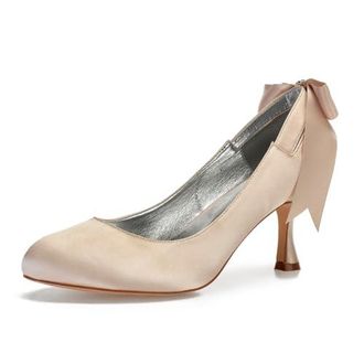 Generic Chaussures De Mari&eacute;e Escarpins pour Femme Satin&eacute;e Talon Moyen Slip-on Rond Chaussures De Mariage De F&ecirc;te 7Cm,Champagne,38 EU