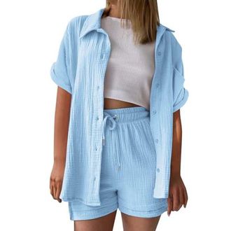 Generic Ensemble chemise et short pour femme - Ensemble 2 pi&egrave;ces pour femme - Tenue d&eacute;t&eacute; d&eacute;contract&eacute;e - Surv&ecirc;tement pour femme - Costumes de loisirs - Ensembl