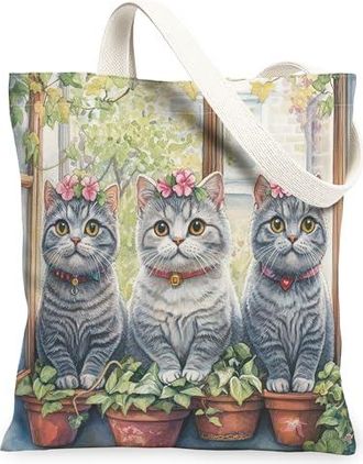 Generic Sac fourre-tout en toile motif chat britannique &agrave; poil court pour faire du shopping, 33 x 38,1 cm, sac d&eacute;picerie r&eacute;utilisable pour femme, peinture est