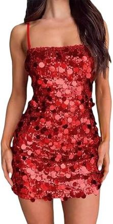 Generic Mini robe à paillettes pour femme, robe courte à paillettes, dos nu, bretelles spaghetti, robe tunique moulante, couleur pure, robe de soirée, robe de
