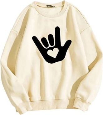 Generic Sweat-shirt &agrave; capuche &agrave; manches longues et col rond imprim&eacute; &laquo; I You Gesture &raquo; pour femme, beige, XXL