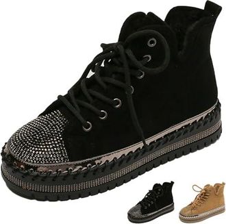 Generic Bottes dhiver &agrave; lacets pour femme avec strass et doublure en fourrure &eacute;paisse, Noir, 37 EU