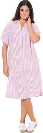 Ulla Popken Damen gro&szlig;e Gr&ouml;&szlig;en &Uuml;bergr&ouml;&szlig;en Plus Size Leinenmix-Kleid, Streifen, Oversized, Hemdkragen, Halbarm k&uuml;hles pink 58+ 839745807-58+