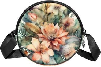 Generic Petit sac &agrave; bandouli&egrave;re circulaire pour femme, motif feuilles florales, sac &agrave; dos avec fermeture &eacute;clair, bretelles r&eacute;glables, sac &agrave; main rond d&eacute;contra