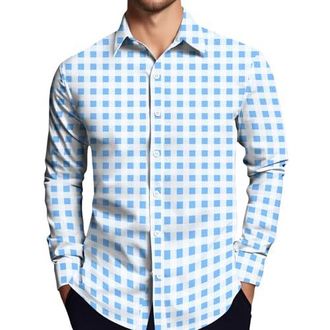 Generic Chemise &agrave; manches longues pour homme - Avec motif &agrave; carreaux - En coton m&eacute;lang&eacute; - Chemise de loisirs avec boutonni&egrave;re sur toute la longueur et col cla
