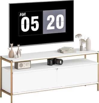 HOMCOM TV-Möbel TV-Möbel für Fernseher bis 55 Zoll mit 2 Klapptüren und offenem Regal, Stahlrahmen, moderne TV-Bank für Wohnzimmer Schlafzimmer, 124 x 35 x 5