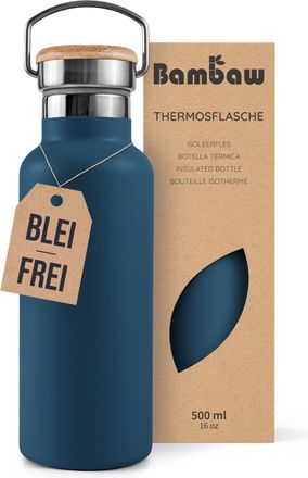 Bambaw Thermoflasche 500 ml, Trinkflasche Blau, Edelstahl Trinkflasche, Thermoflasche Kinder 500ml, Metall Wasserflasche - Azurblau