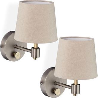 Relaxdays Wandlampe Vintage, 2er Set, dimmbar, Wandstrahler Schalter, Stoffschirm, E14, HBT: 23x15x21 cm, beige/Silber