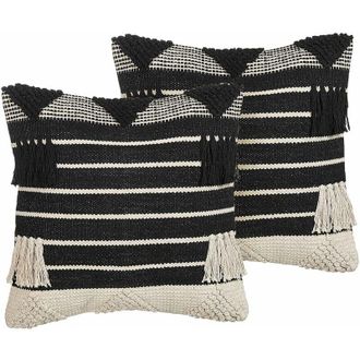 Beliani Beliani - Dekokissen 2er Set Beige und Schwarz 50x50 cm Quadratisch mit Fransen Rei&szlig;verschluss Geometrisches Muster Strukturiert Handgewebt Boho Stil