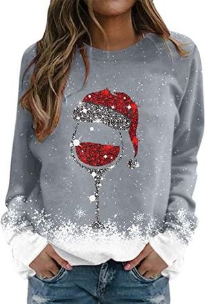 Generic Pull de Noel Femme Pull Moche de Noel Sweatshirt a Manches Longues pour Femme Col Rond Imprimé Verre a Vin Et Chapeau Style Décontracté de Noël
