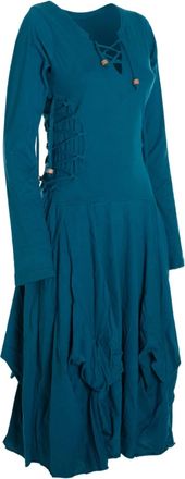 vishes Alternative Bekleidung- Langes Langarm Damen Kleid Ballonkleid Bio-Baumwolle Einfarbig mit Schn&uuml;rung V-Ausschnitt t&uuml;rkis 44-46