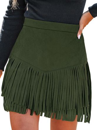 Cupshe Damenr&ouml;cke, Terrakotta, hohe Taille, Fransen, l&auml;ssig, figurbetont, A Linie, B&uuml;ro, Bleistift, Damen Minirock, olivgr&uuml;n, XXL