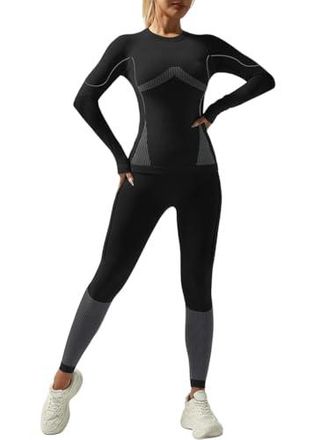Minetom Ensemble de sous-V&ecirc;tements Thermique Femme Hiver Chaud S&eacute;chage Rapide Respirant Hauts Pantalon Ski Randonn&eacute;e Running A Noir M