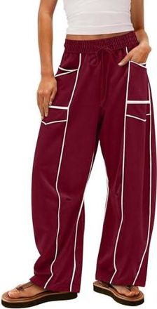 Generic Pantalon de jogging &agrave; jambes droites avec cordon de serrage pour femme - Pantalon ample en coton doux - Motif &agrave; rayures - Patchwork - Pantalon de surv