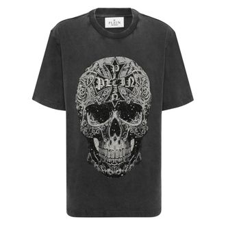 Philipp Plein Homme, Tops, Noir, Taille: 4XL T-Shirt Round Neck SS Skull