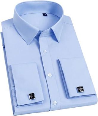 Generic Chemise à manches longues pour homme - Coupe ajustée - Boutons de manchette - Col double bouton, Bleu clair uni, M