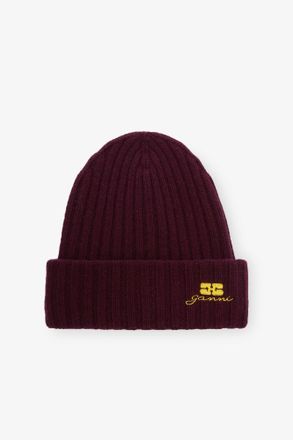 Ganni Burgunderrote Wollstrickmütze burgunderrot rot