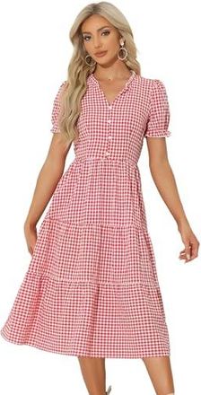 Allegra K Robe à Carreaux Femme Robe Trapèze A-Ligne DÉté Garniture Col en V avec Boutons Décoratifs Robe Midi Vintage à Plusieurs Niveaux Rouge XL